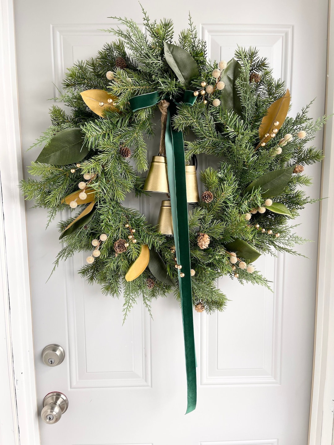Bell Wreath, Gold Jingle Bells Wreath, Magnolia Leaves and Pine Winter ...