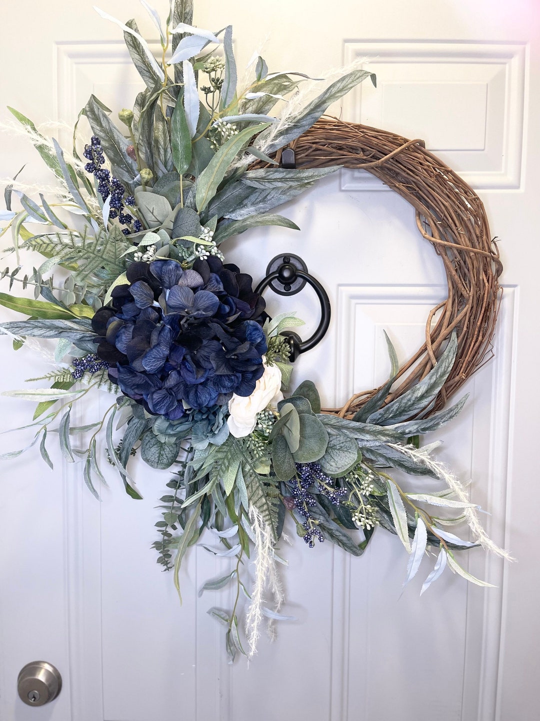 Navy Blue Wreath, Pampas Grass Wreath, Navy Blue Everyday Wreath for ...