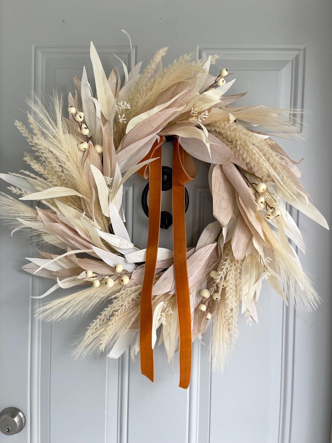 Neutral Fall Corn Husk and Pampas Grass Wreath, Camel Caramel Orange ...