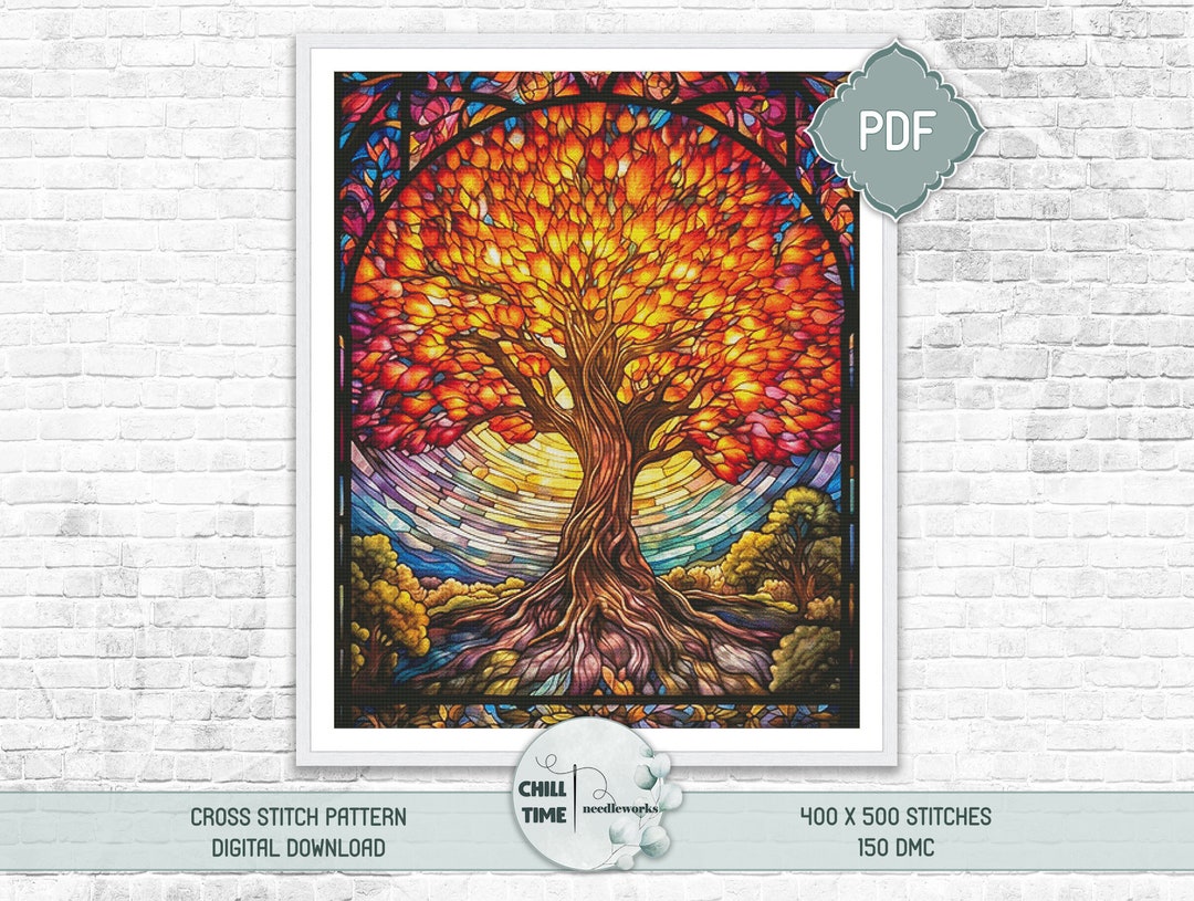 Whimsical Colorful Tree of Life Stained Glass Landscape Full Coverage ...