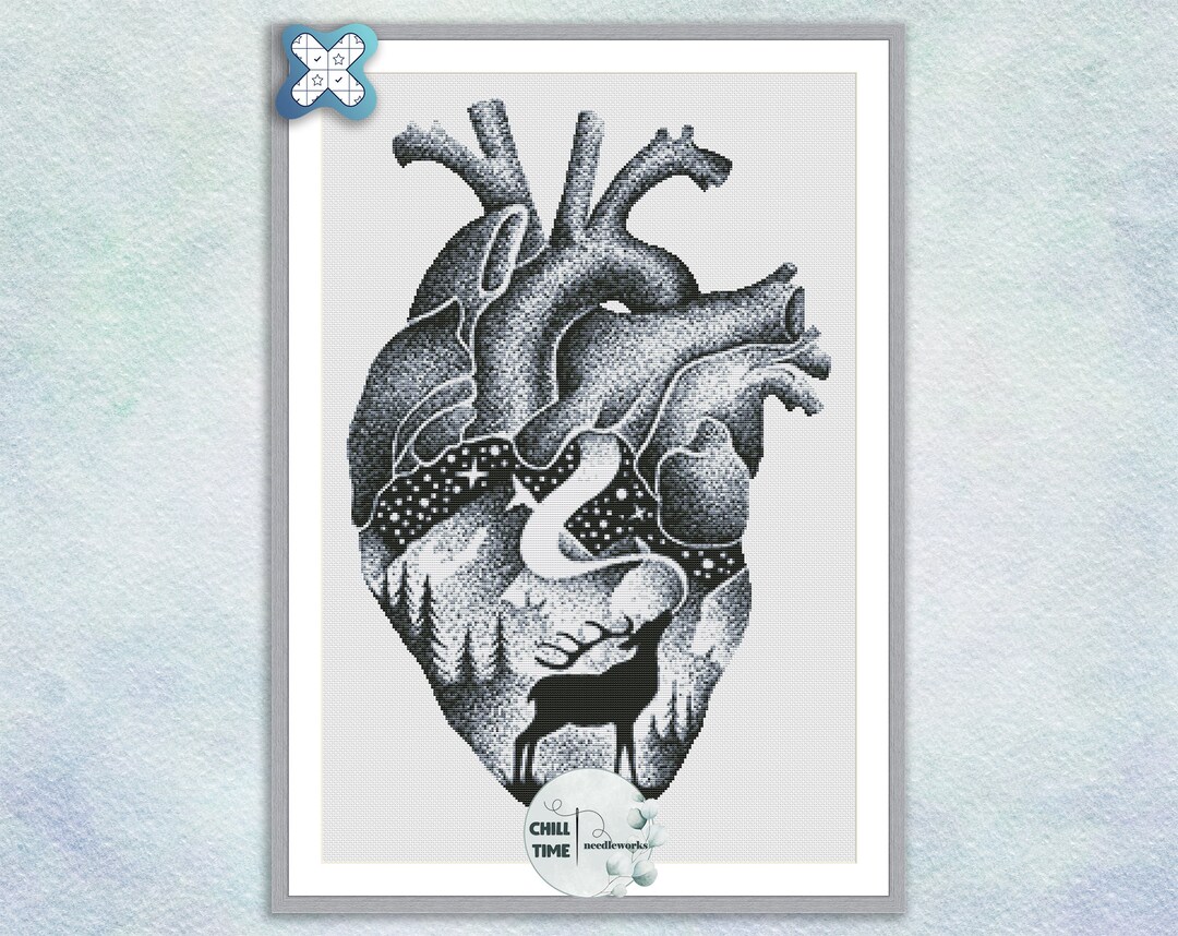Beautiful Grayscale Fantasy Anatomical Heart Forest With a Stag Modern ...