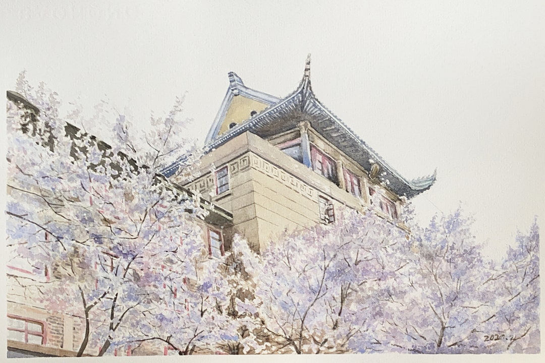 Original Watercolor Chinese Building in Wuhan University - Etsy