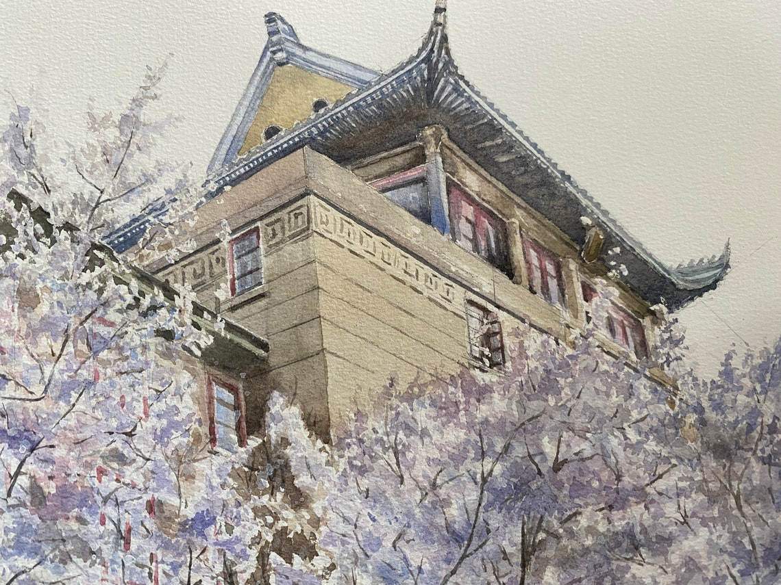 Original Watercolor Chinese Building in Wuhan University - Etsy