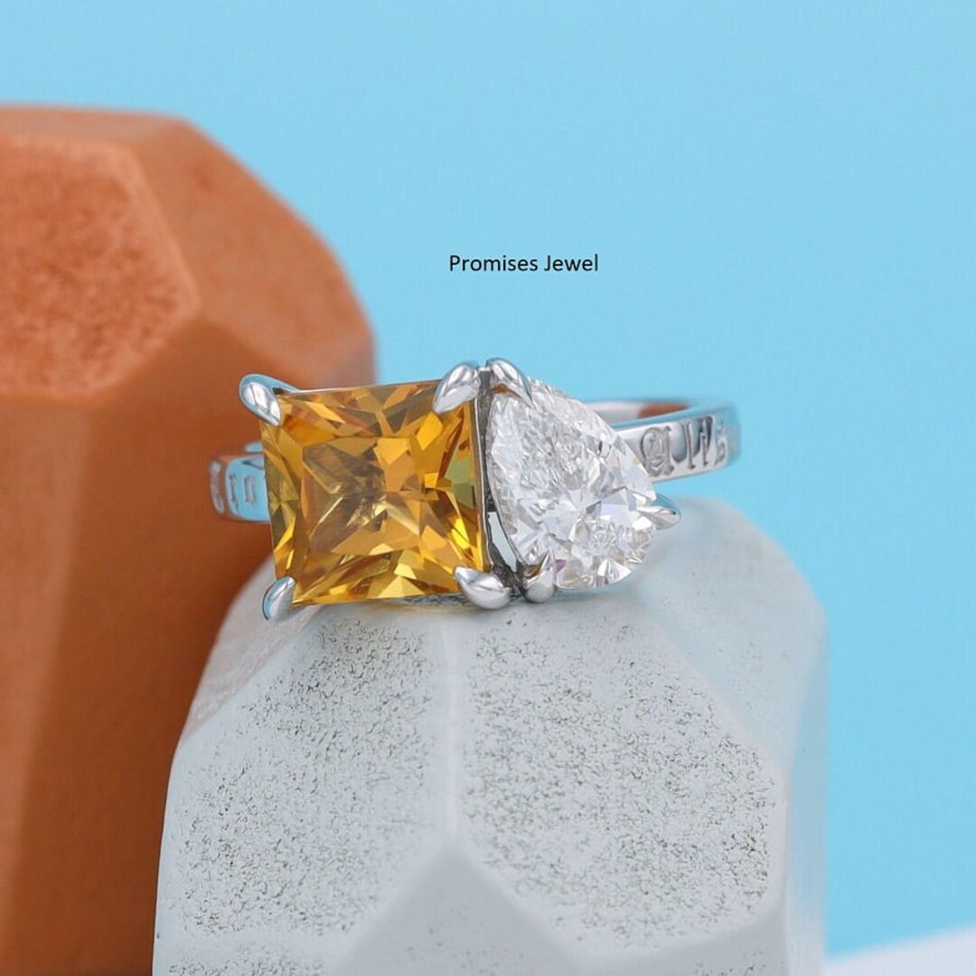 Princess and Pear Cut Engagement Ring, Toi Et Moi Handmade Ring for ...