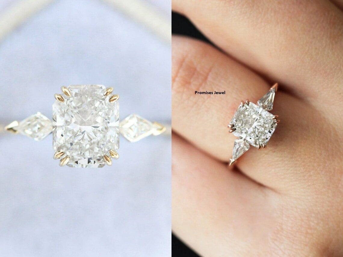 3 Stone Radiant Cut Engagement Ring With 2.50ct Lab Grown Emerald Cut ...