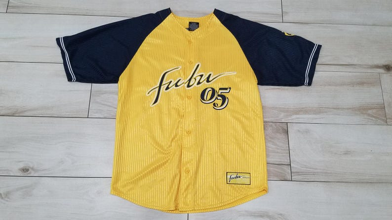 Men's FUBU Baseball Jersey 2000 Large Era 90s Vintage Yellow Navy Blue ...