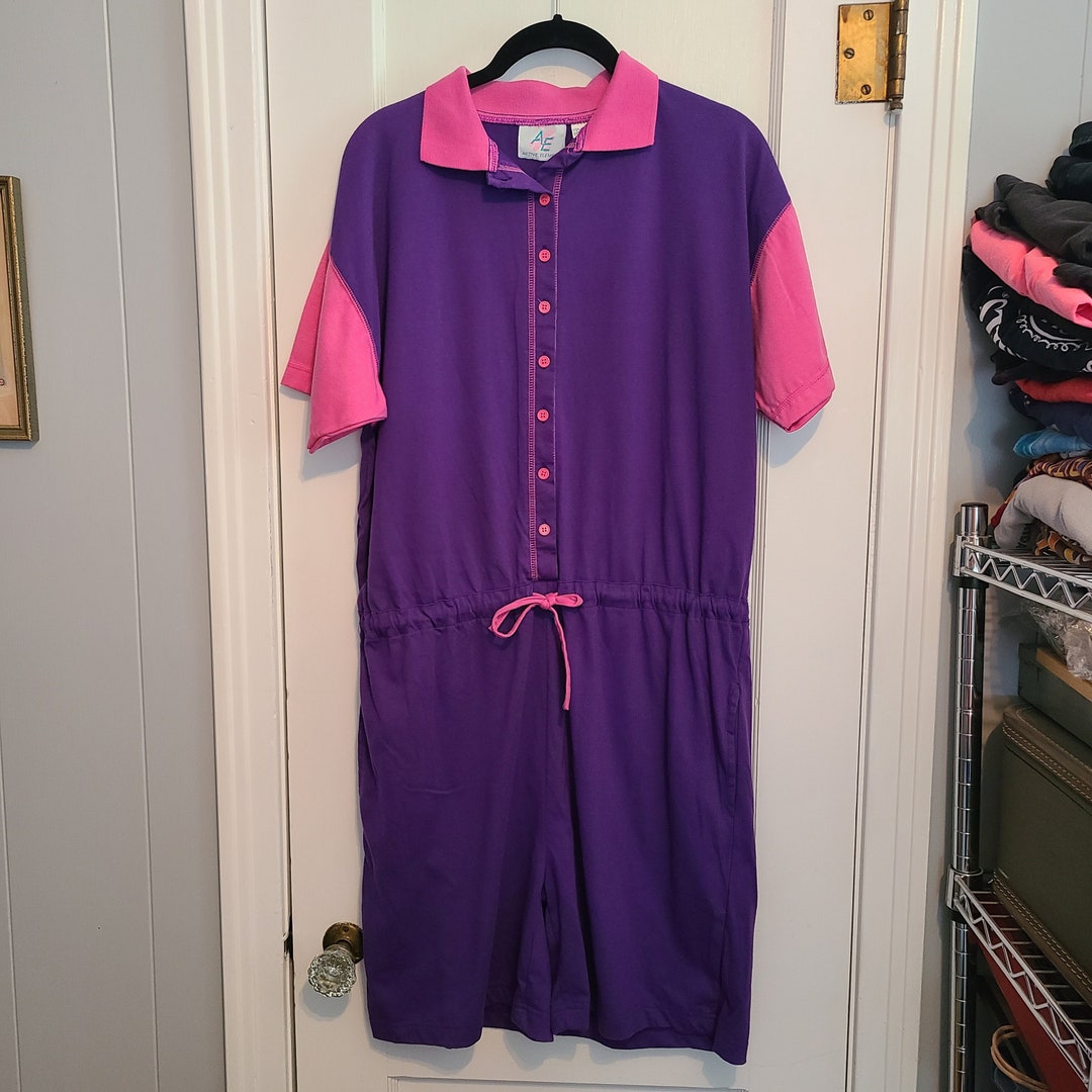Vintage 80s Romper, Active Elements, Pink, Purple, Elastic Waist With ...