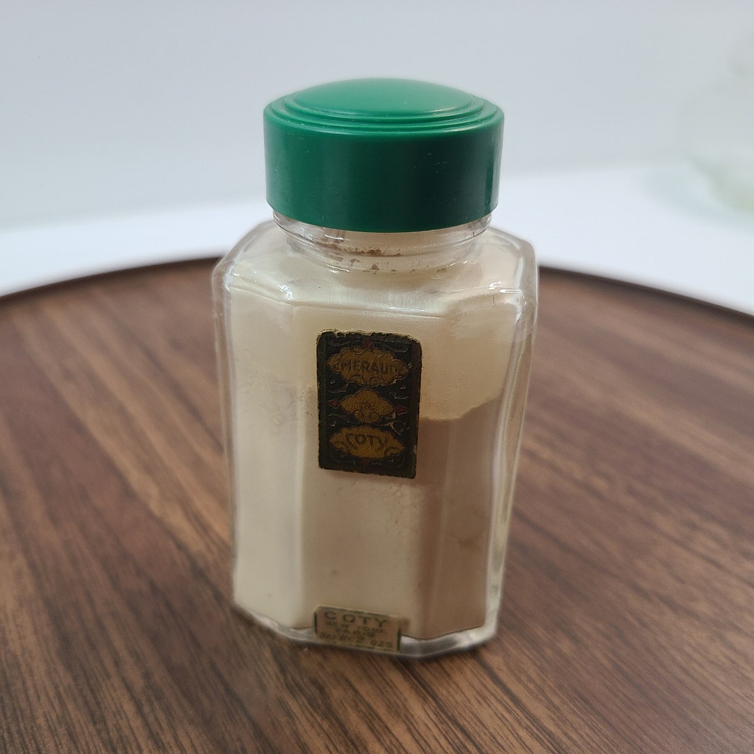 Vintage Emeraude De Coty Powder, Glass Bottle, Depression Green Top ...