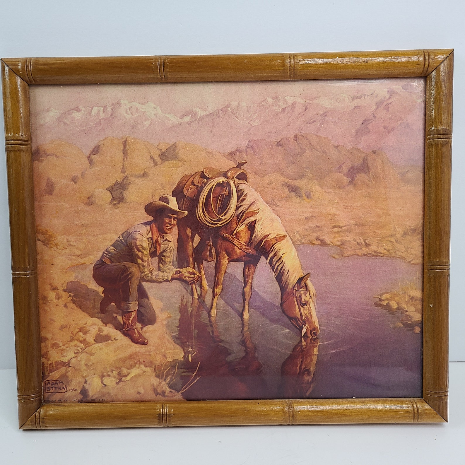 Vintage Cowboy and Horse Drinking Water, Lithograph, Adam Styka, 1950 ...