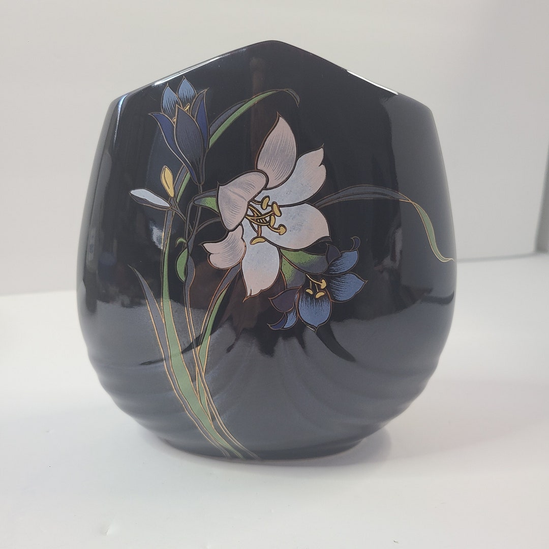 Vintage Japanese Vase Inarco Japan Yamaji Black Floral - Etsy