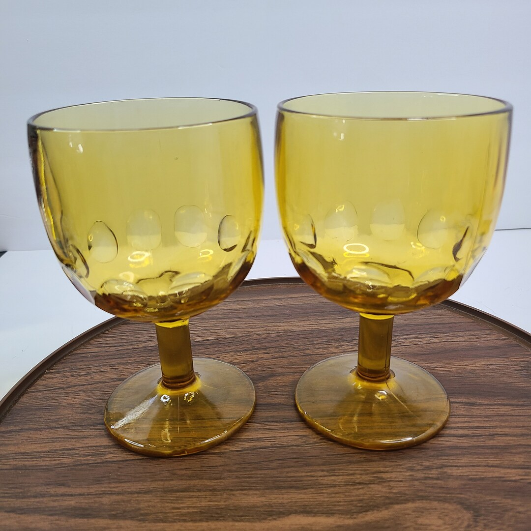 Vintage Amber Glass Thumbprint Goblets, Gold, 70s, Kitschy Kitchen ...