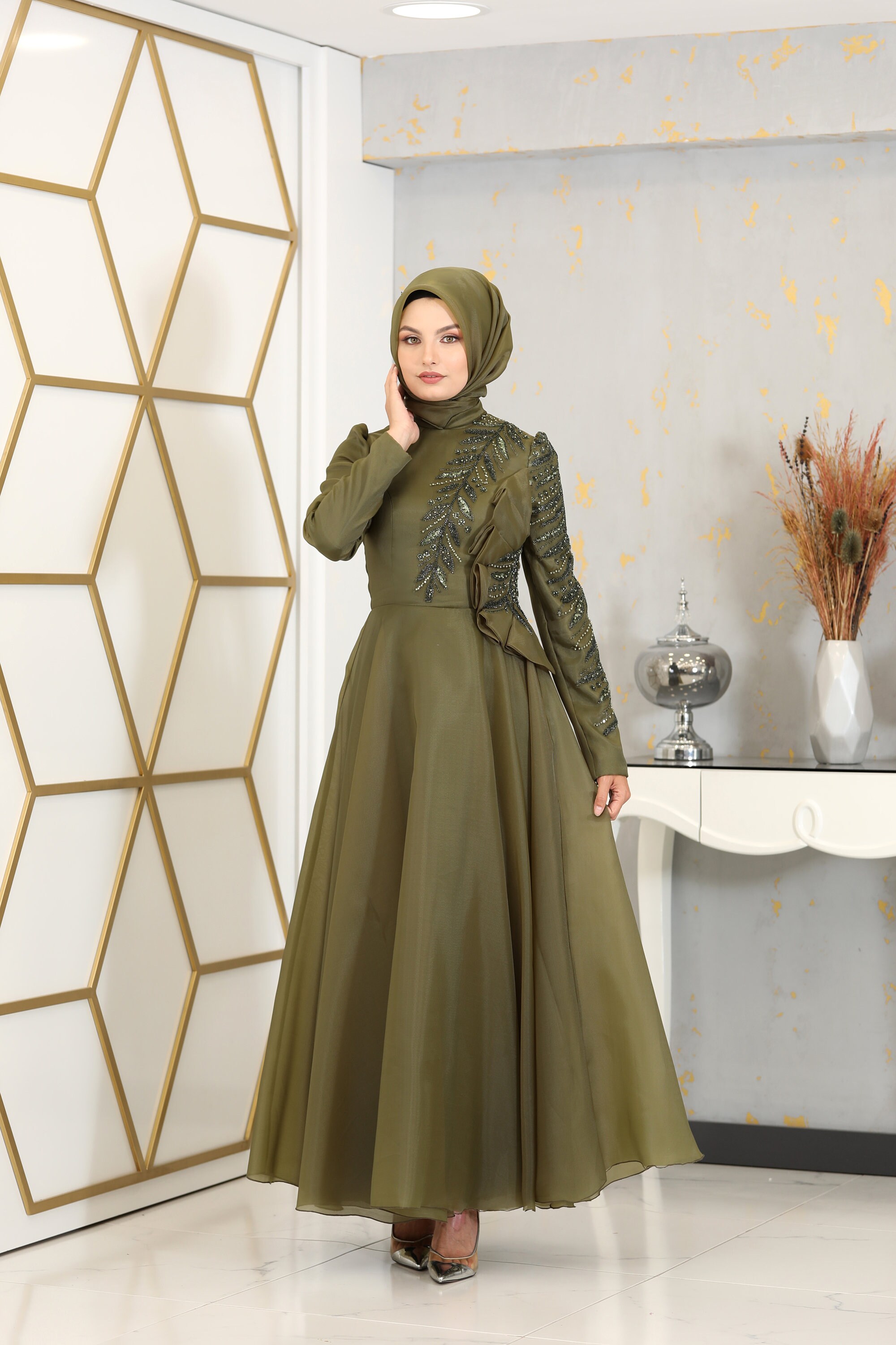 Ela Hijab Evening Dress With Flower Detail Khaki / Evening Dresses ...