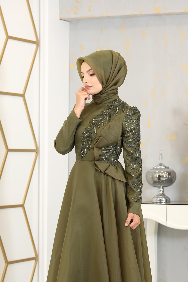 Ela Hijab Evening Dress With Flower Detail Khaki / Evening Dresses ...