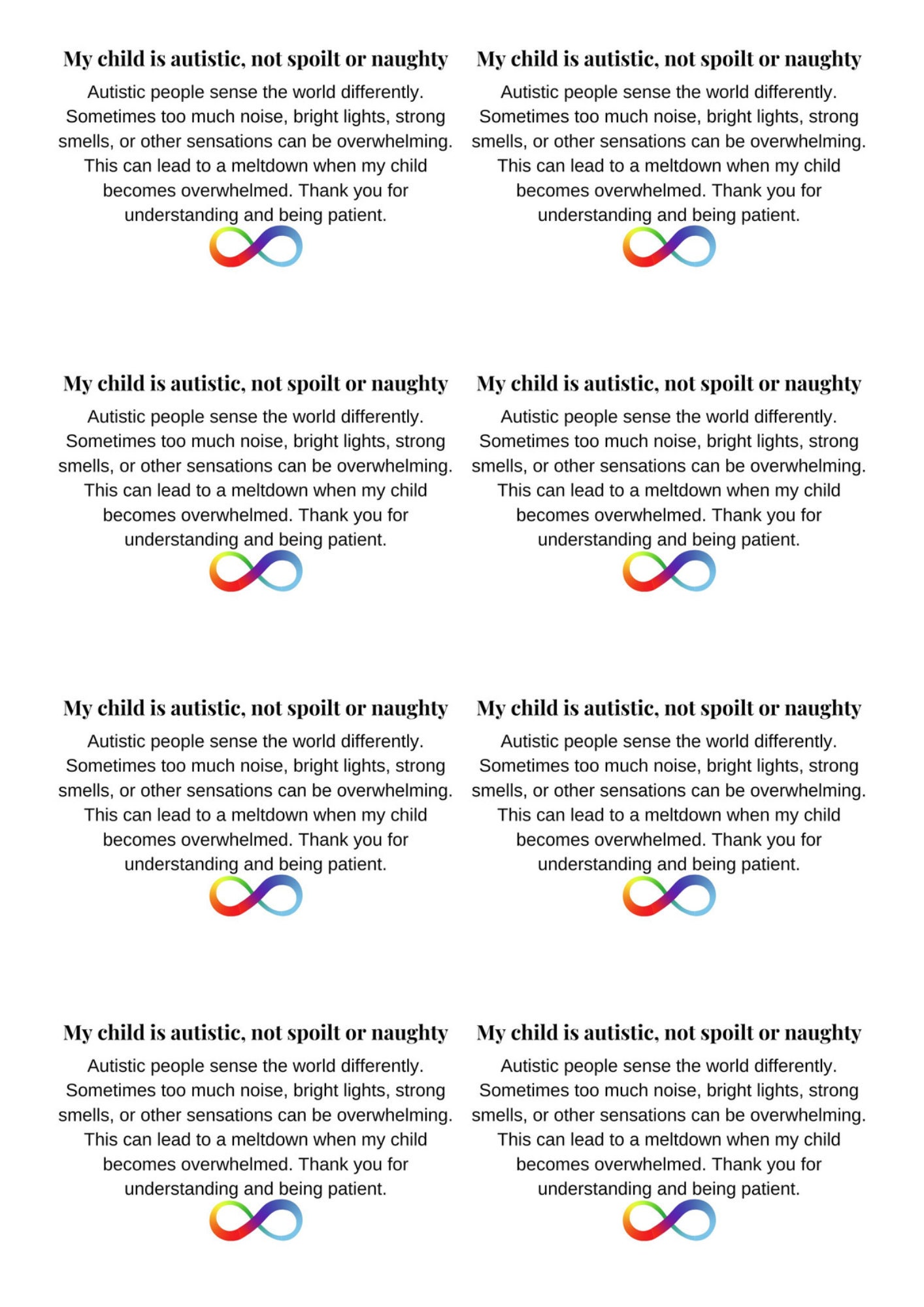 Printable Autism Information Card for Parents - Etsy