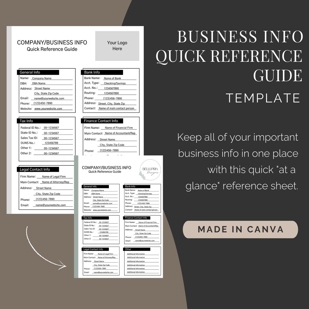 Business Information Quick Reference Guide Canva Template/instant ...