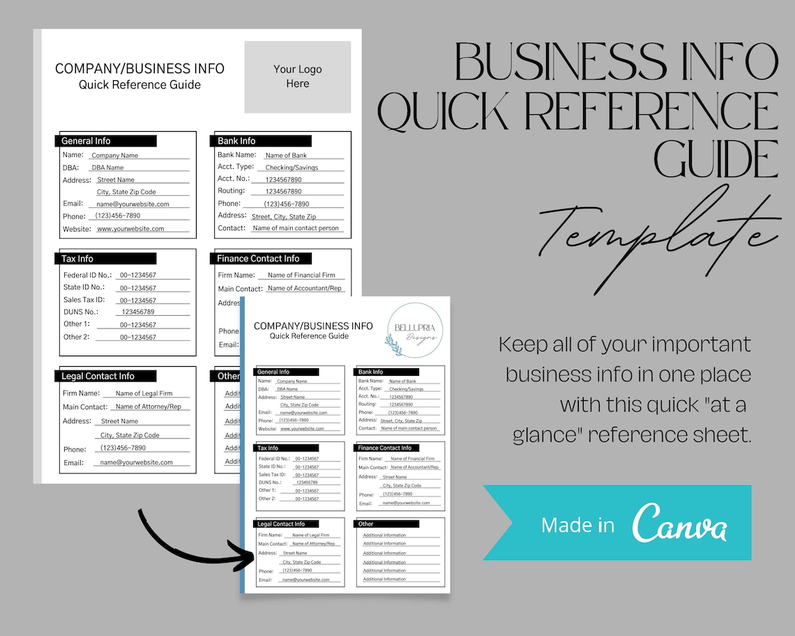 Business Information Quick Reference Guide Canva - Etsy