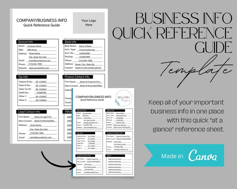 Business Information Quick Reference Guide Canva - Etsy