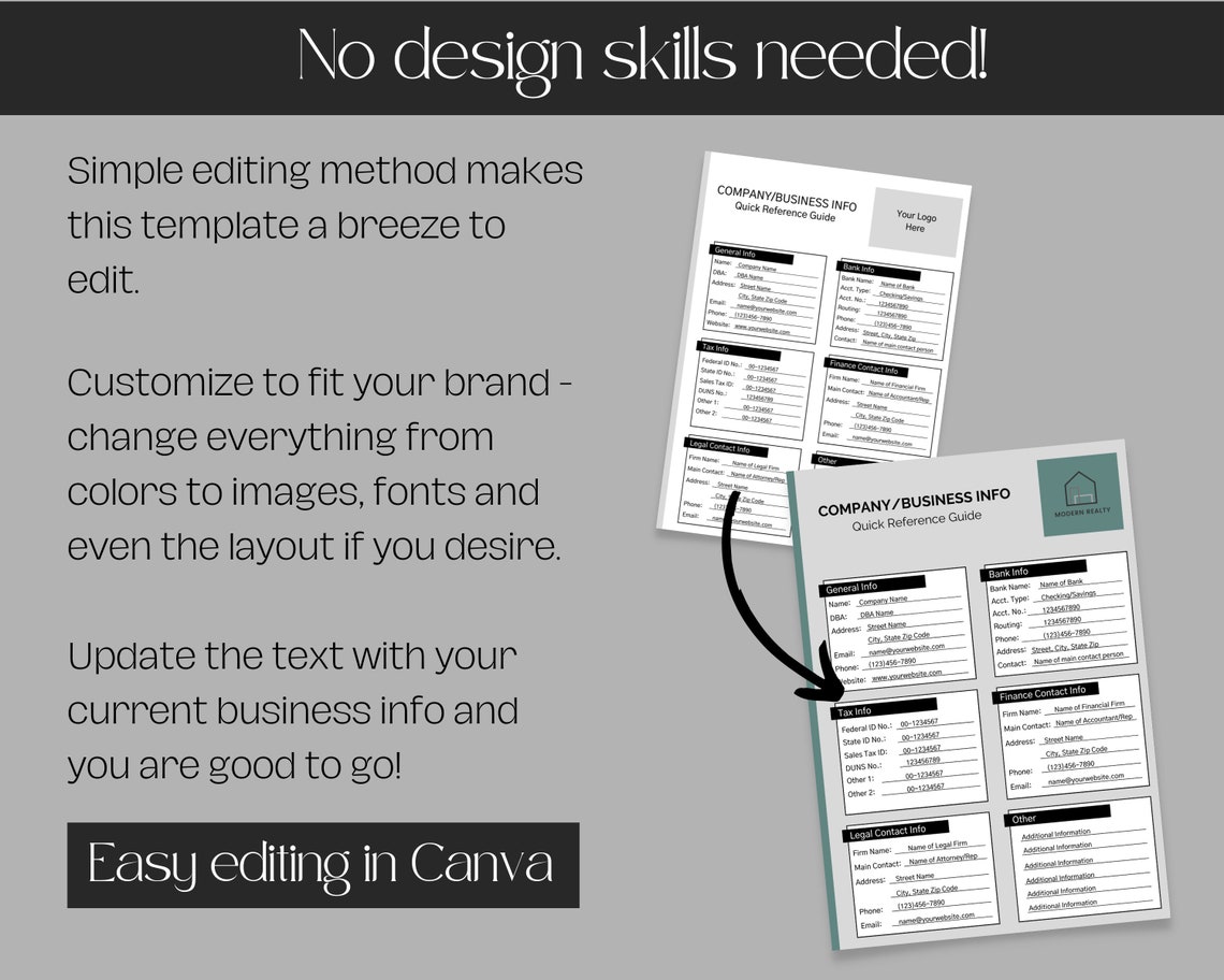 Business Information Quick Reference Guide Canva - Etsy