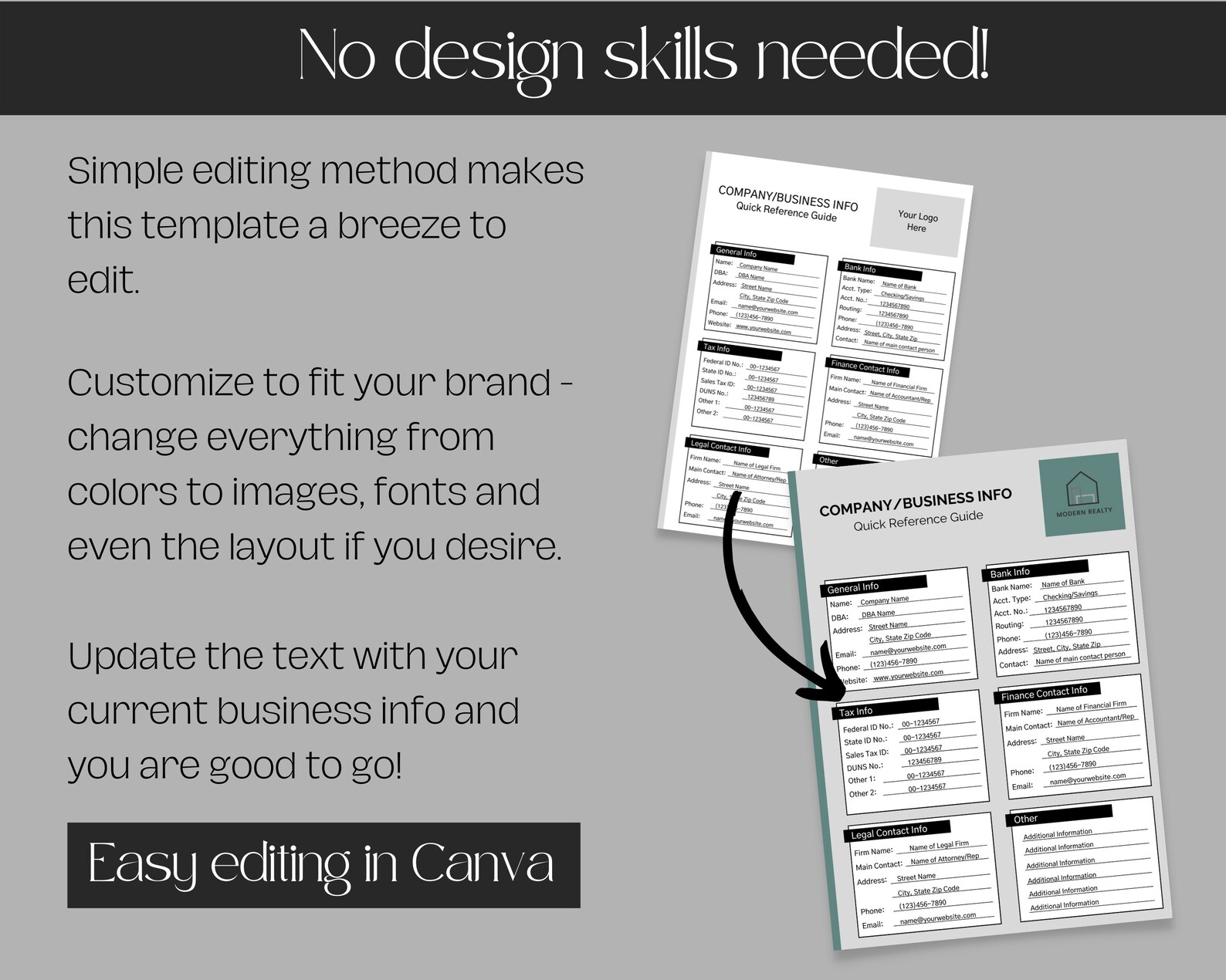 Business Information Quick Reference Guide Canva - Etsy