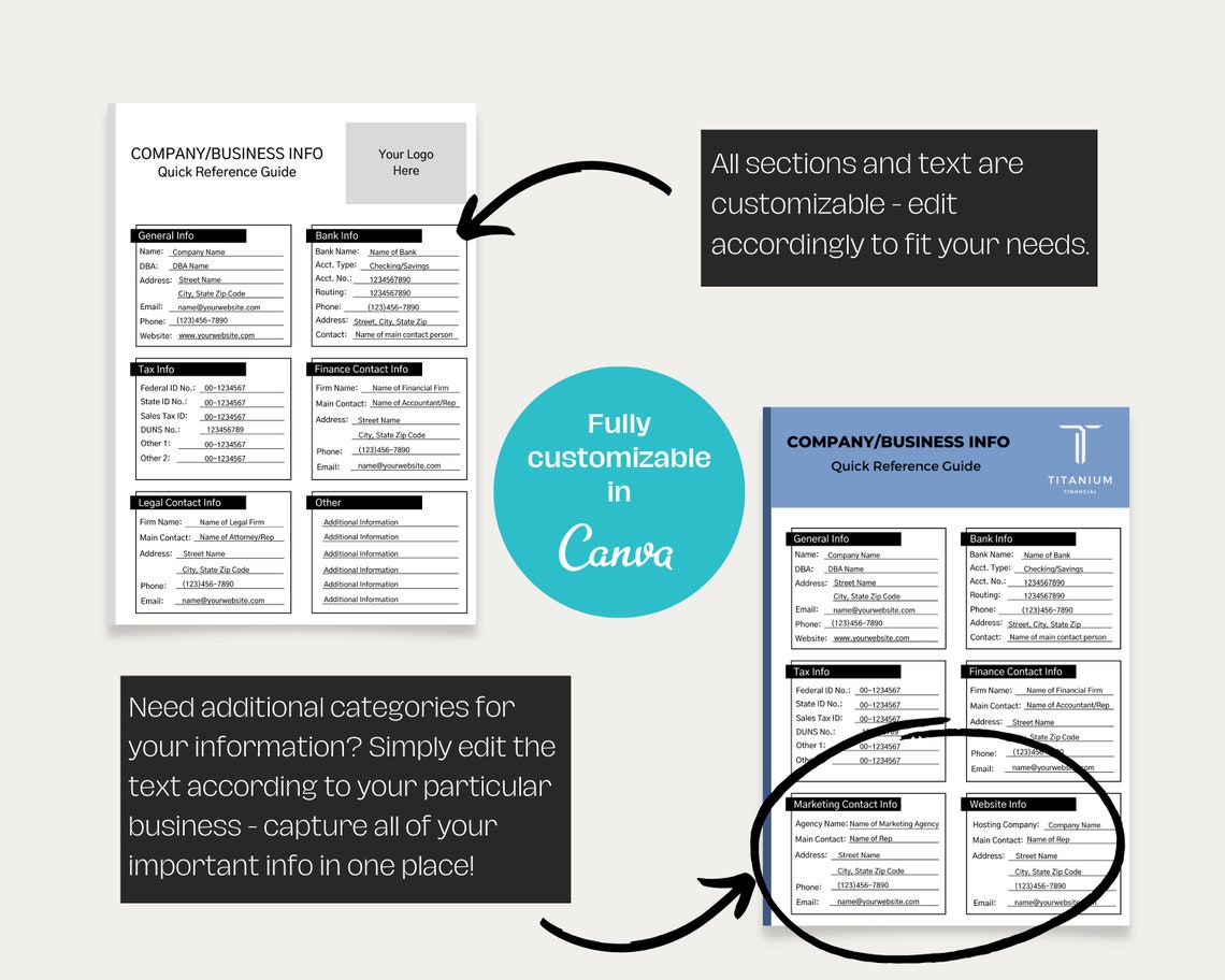 Business Information Quick Reference Guide Canva Template/instant ...