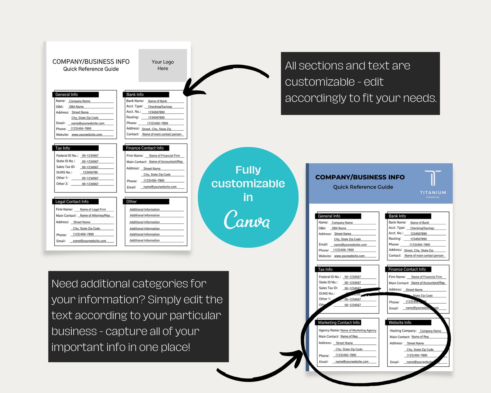 Business Information Quick Reference Guide Canva Template/instant ...