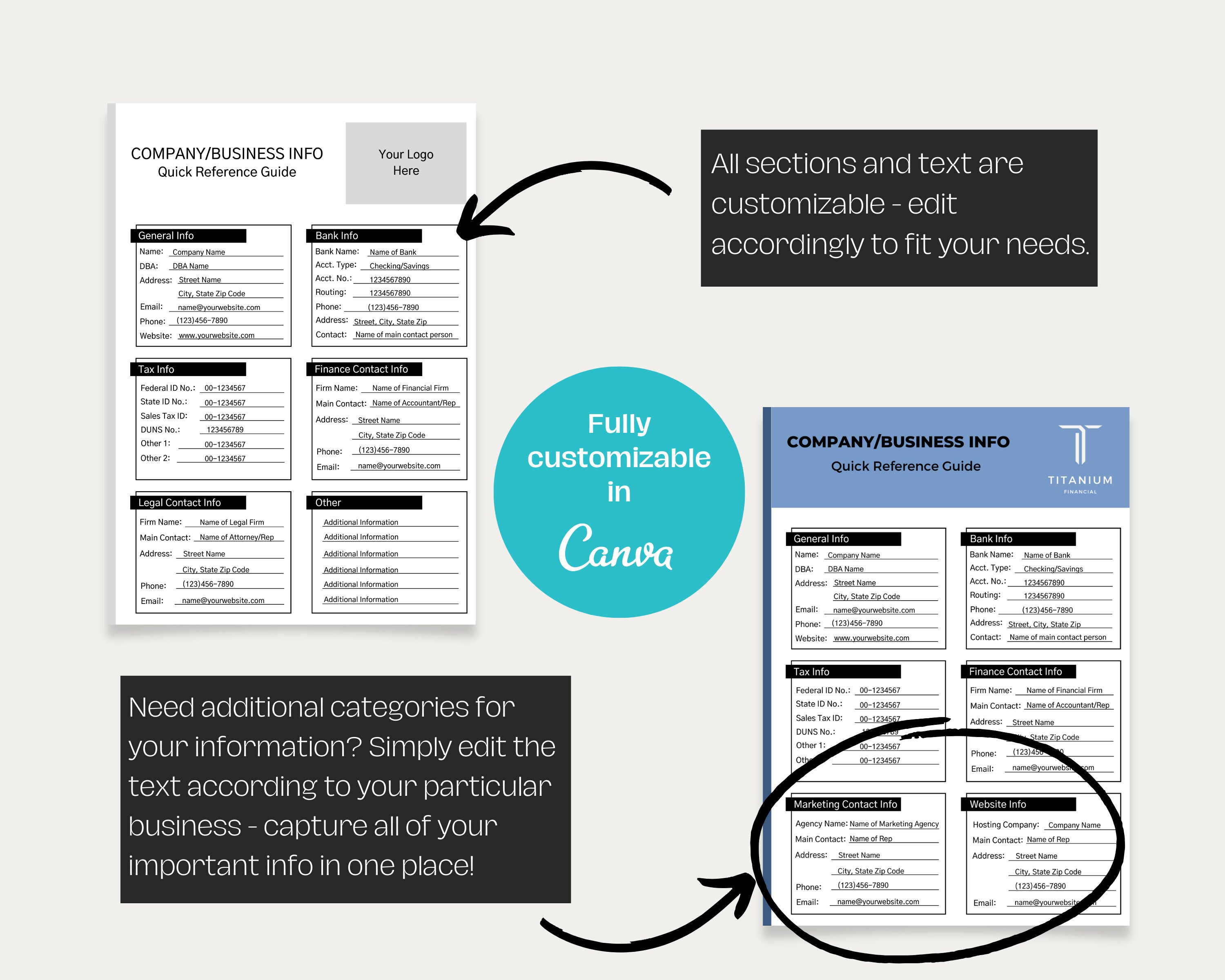 Business Information Quick Reference Guide Canva Template/instant ...