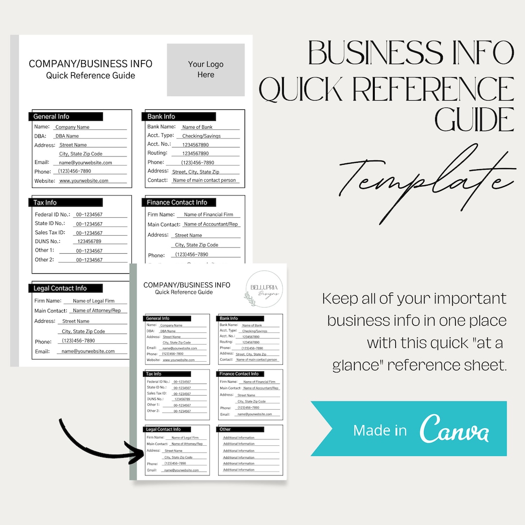 Business Information Quick Reference Guide Canva - Etsy