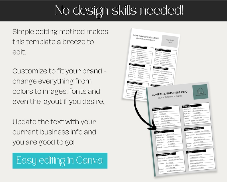 Business Information Quick Reference Guide Canva Template/instant ...