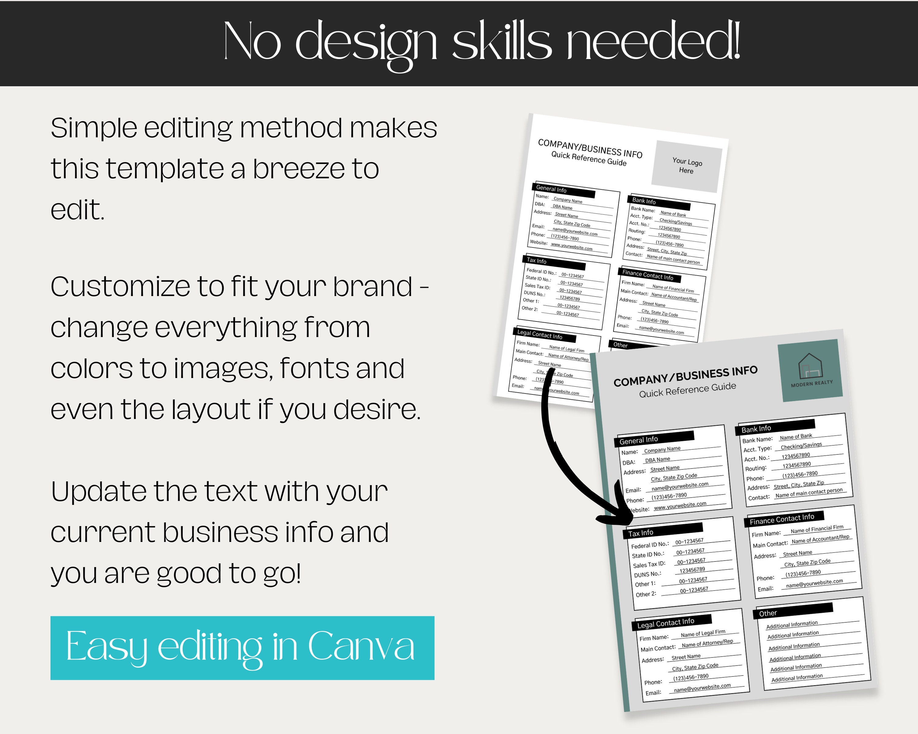 Business Information Quick Reference Guide Canva Template/instant ...