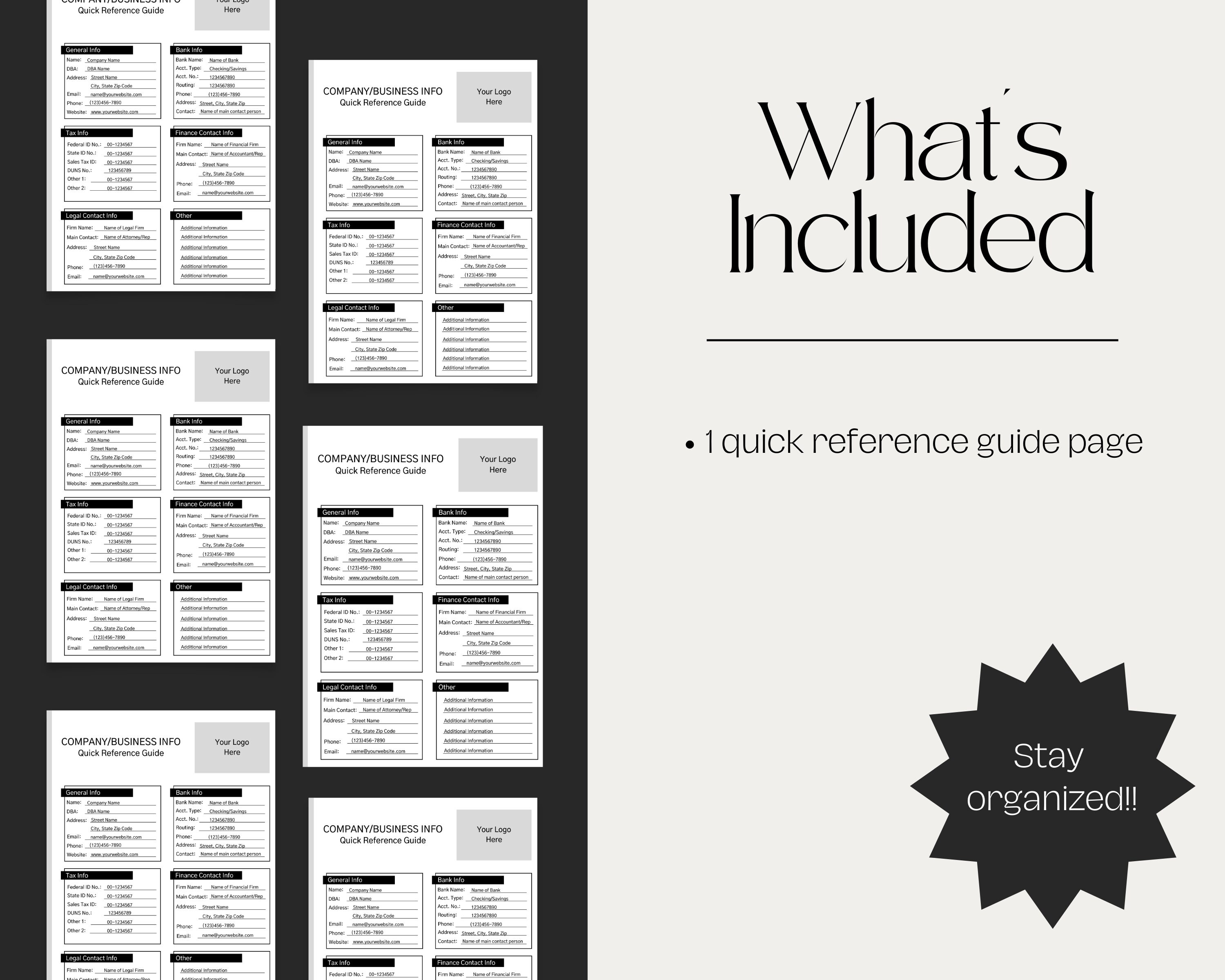 Business Information Quick Reference Guide Canva Template/instant ...