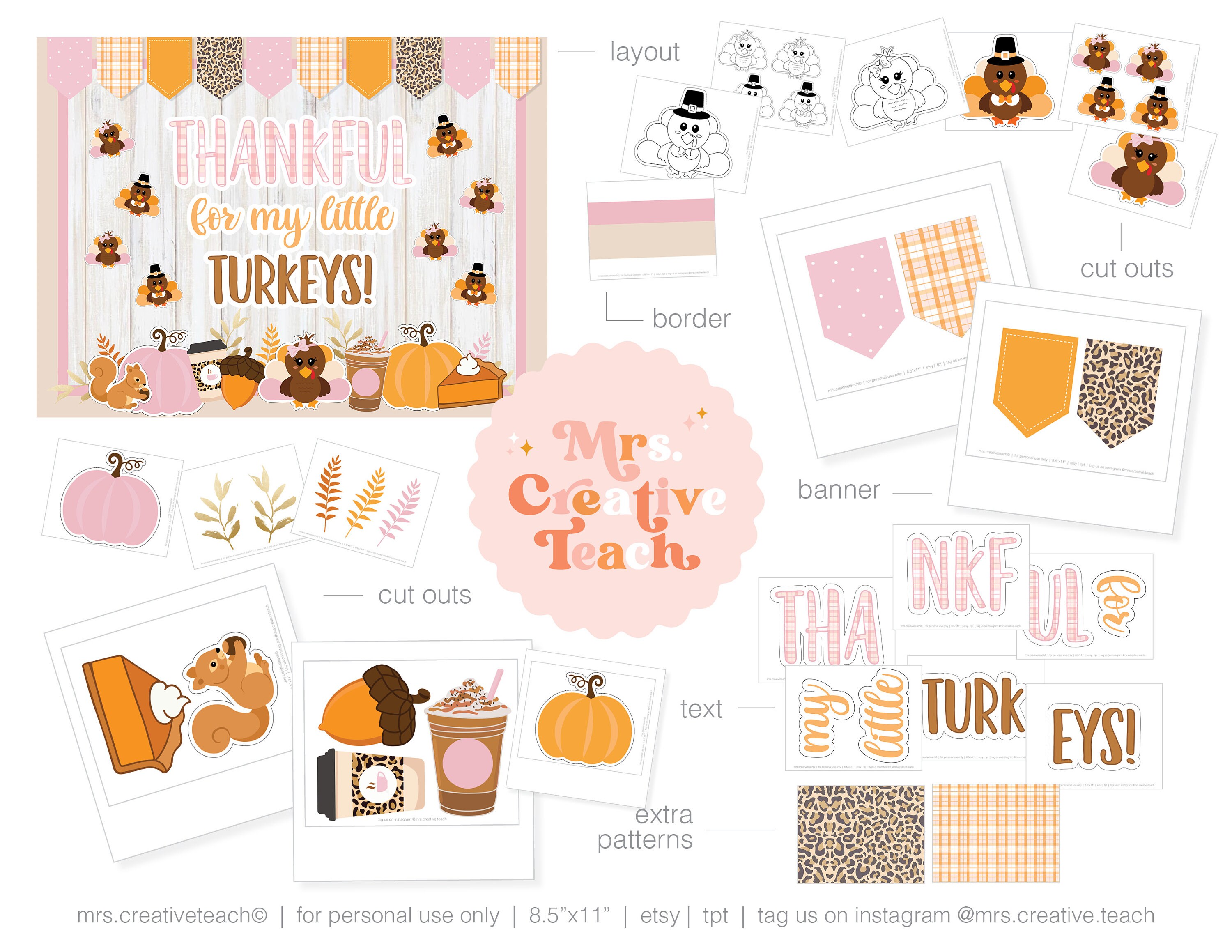 Thanksgiving Bulletin Board: Pink Turkey Classroom Decor (digital ...