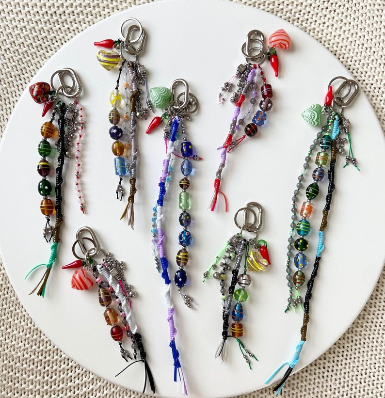 Y2K Accessories Summer Keychain Glass Beads Bag Charms Gimp Lanyard ...
