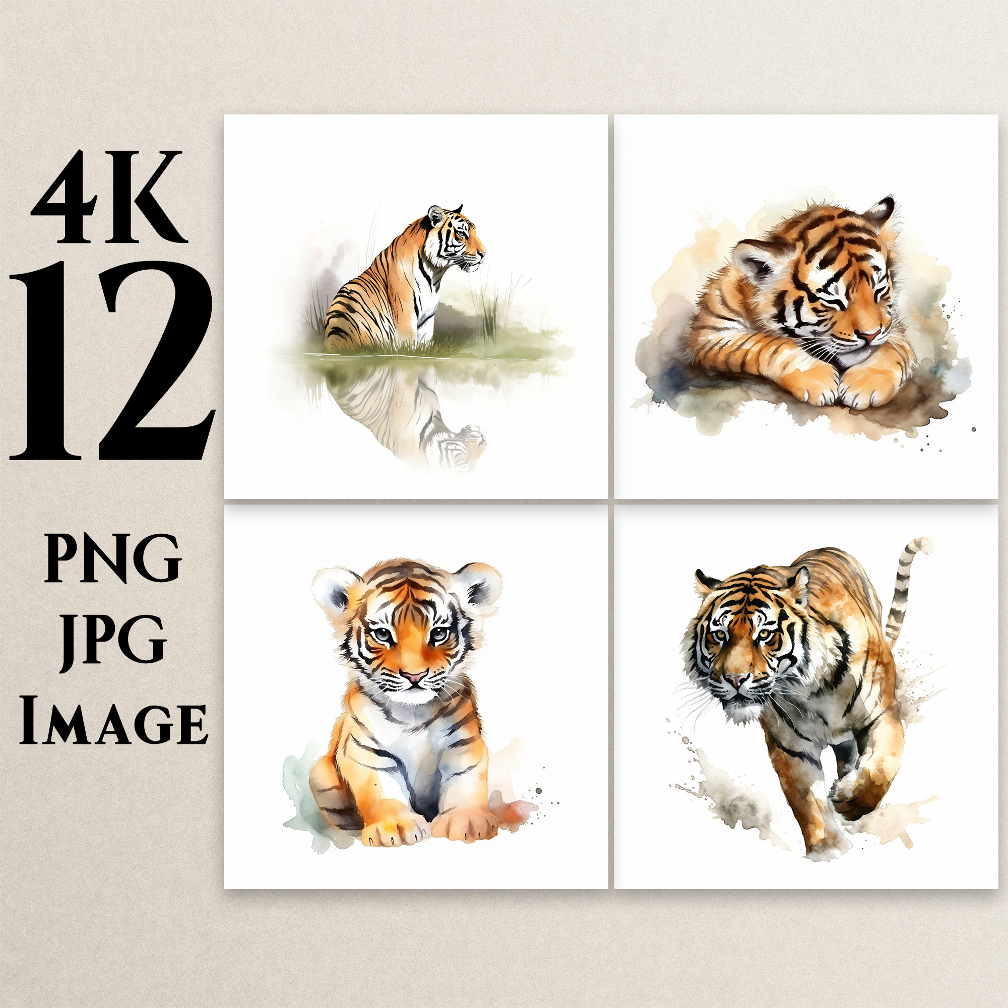 4K 12 Tiger Clipart, PNG, JPG, Watercolor Tiger Clipart, Tiger ...