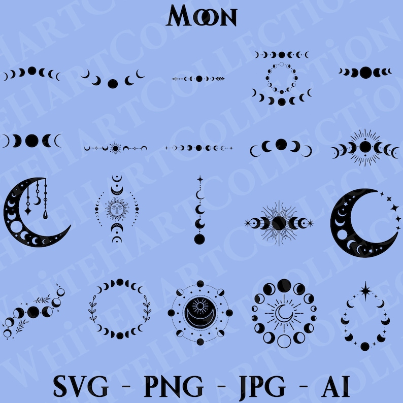 20 Moon Svg Bundle Commercial Use Svg, Png, Jpg, Ai, Lunar Cycle Svg ...