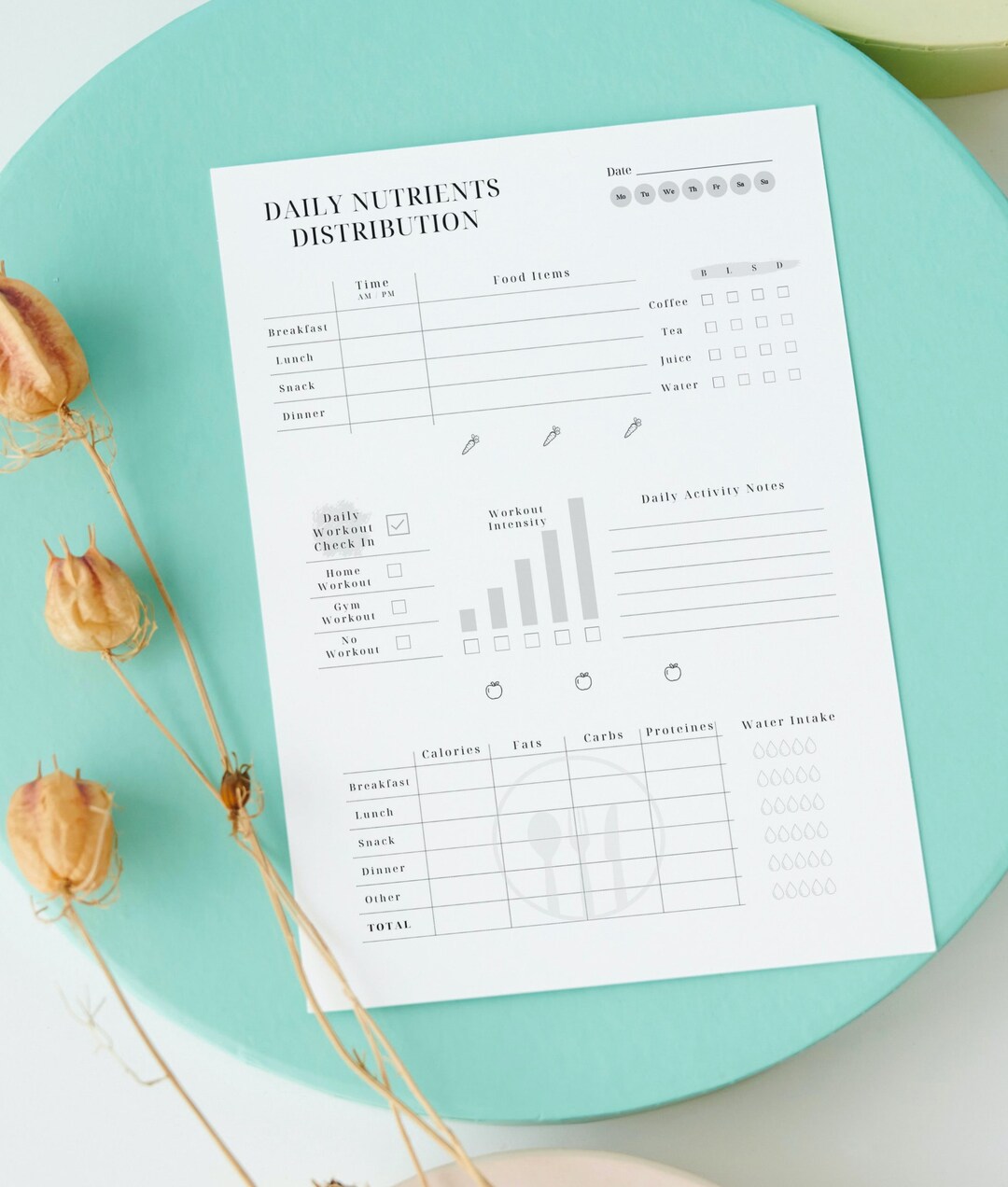 Printable One-page Daily Nutrients Tracker Digital Journal Editable ...