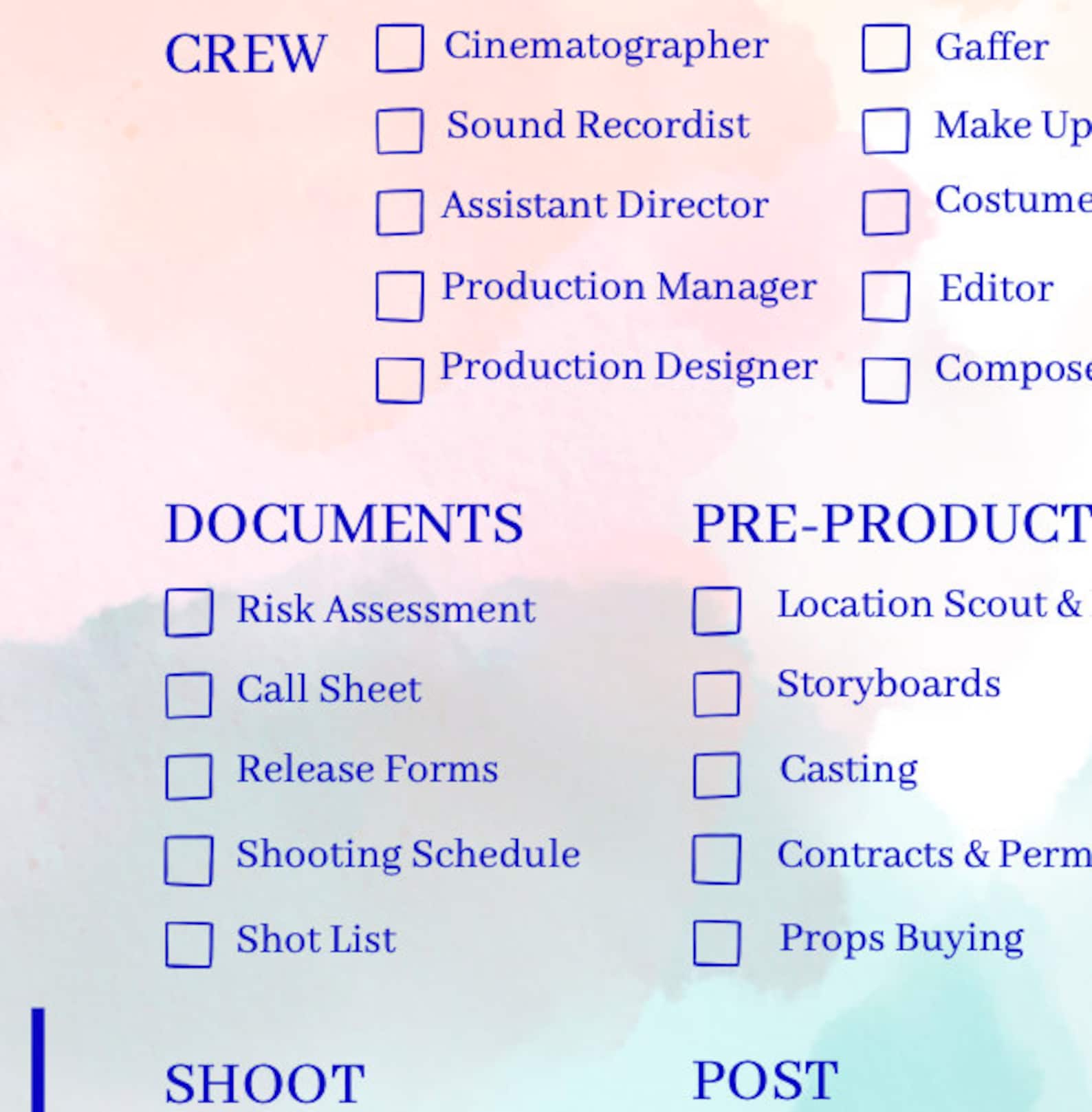 Ultimate Filmmaking Checklist (colour) - Etsy