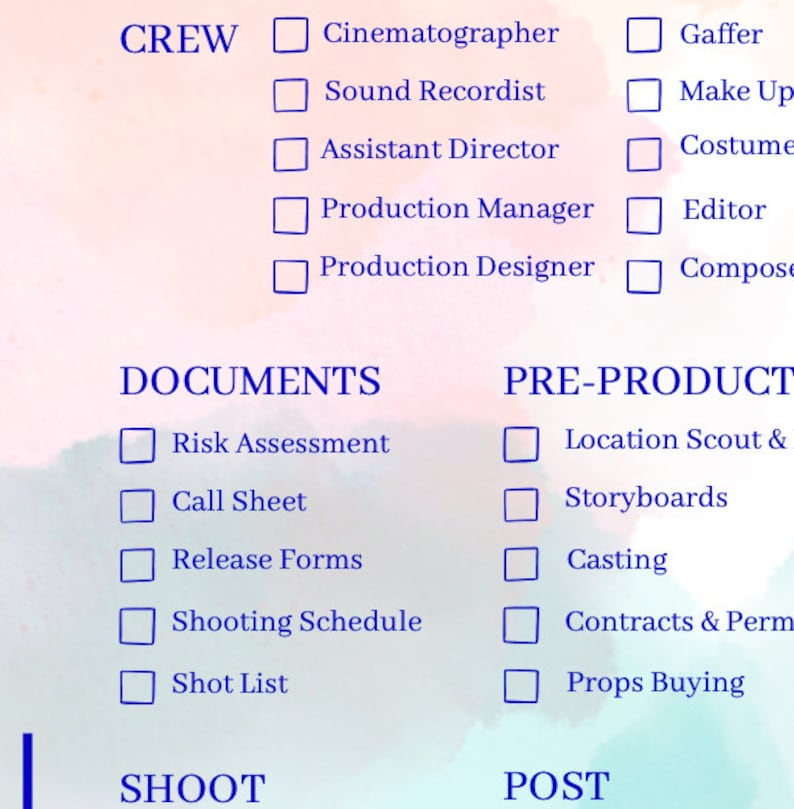 Ultimate Filmmaking Checklist (colour) - Etsy