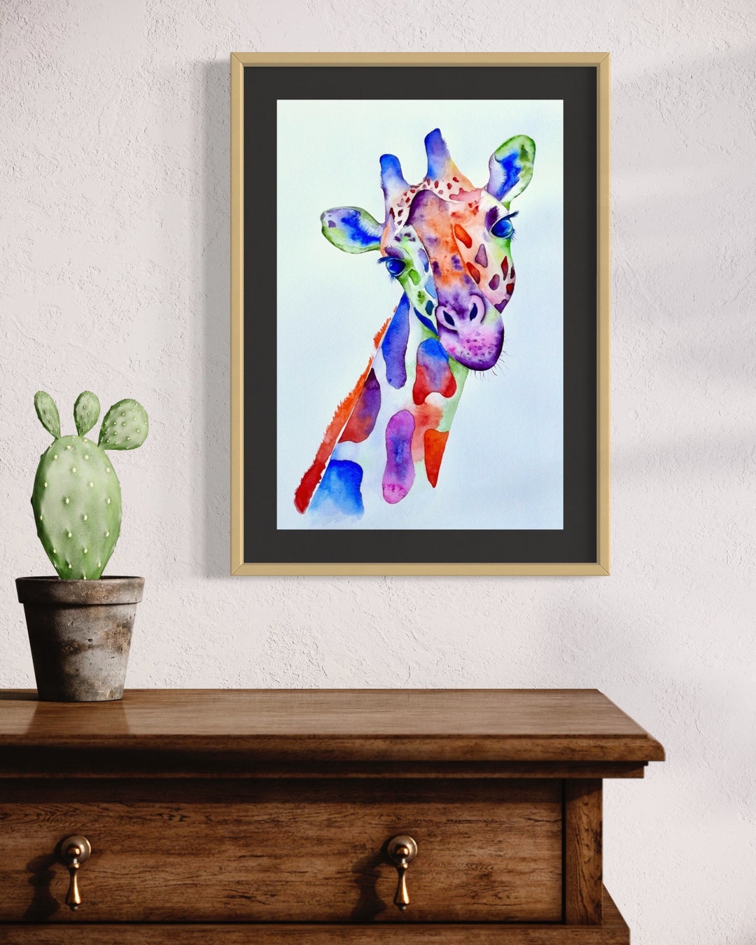 Hand Painted Giraffe Watercolor Fine Art Print, Rainbow Animal Portrait ...