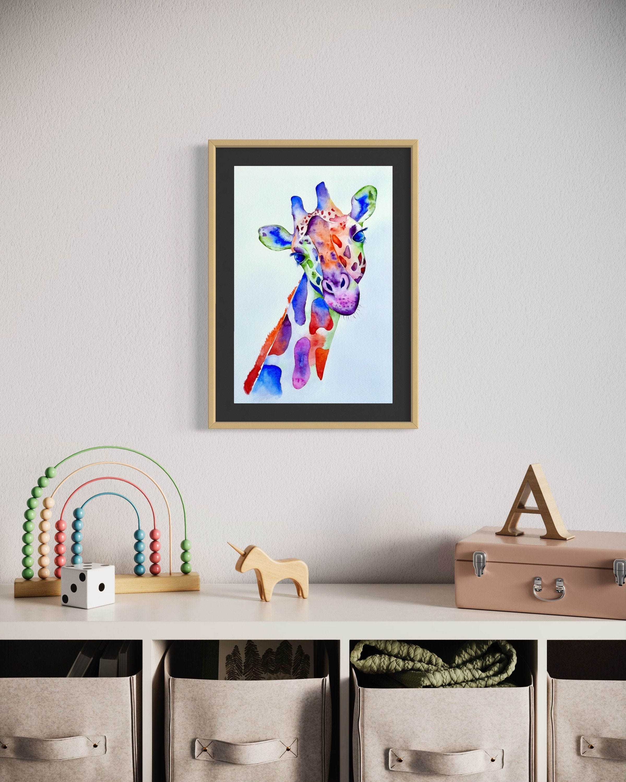 Hand Painted Giraffe Watercolor Fine Art Print, Rainbow Animal Portrait ...