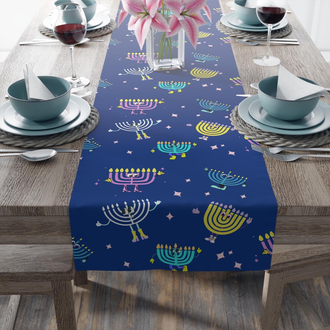 Hanukkah Chanukkah Jewish Table Runner, Kids Hannukah Dancing Menorahs ...