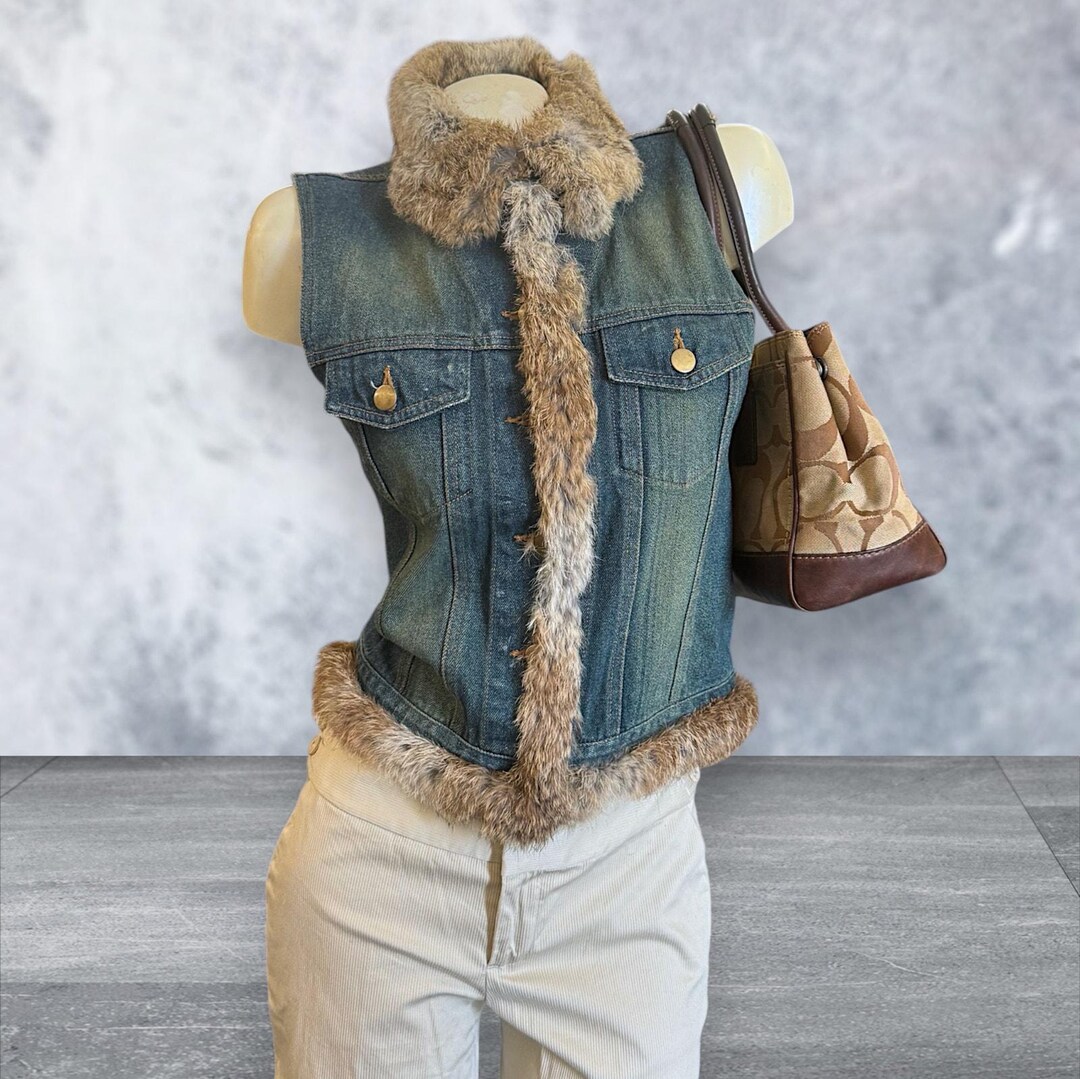 Vintage CEJON Denim & Rabbit Fur Vest 90s - Etsy