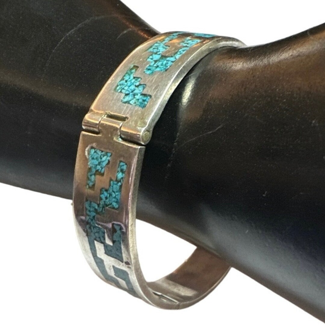 Vintage 925 TC Mexico Sterling Silver Turquoise Inlay Bangle Bracelet ...