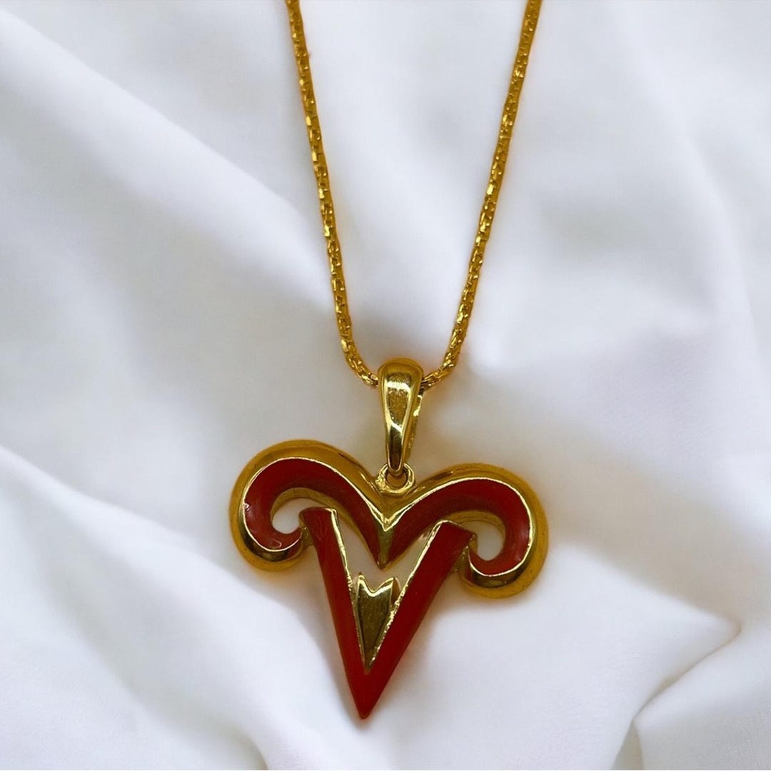 Vintage 1980s Aries Zodiac Ram Horn Gold and Red Pendant Necklace by ...