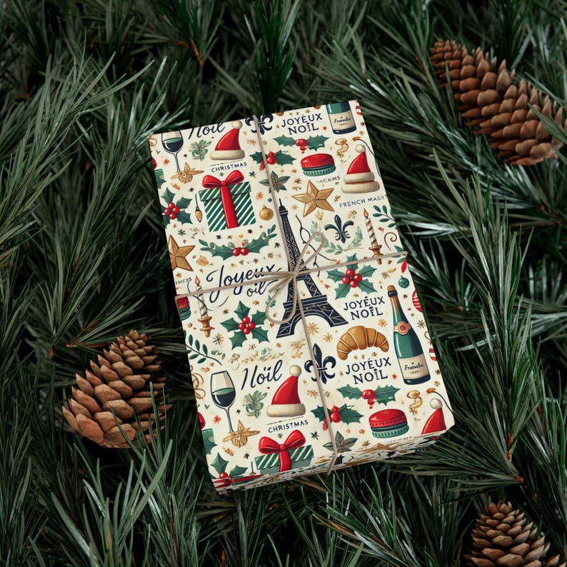French Christmas Wrapping Paper Festive Parisian Gift Wrap With Eiffel ...