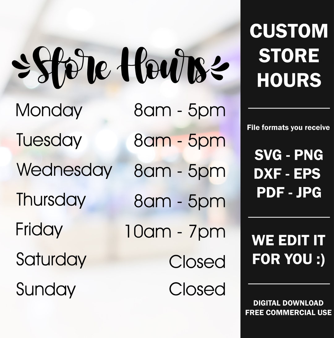 Custom Store Hours SVG Store Hours Vinyl Decal Storefront Decal With ...