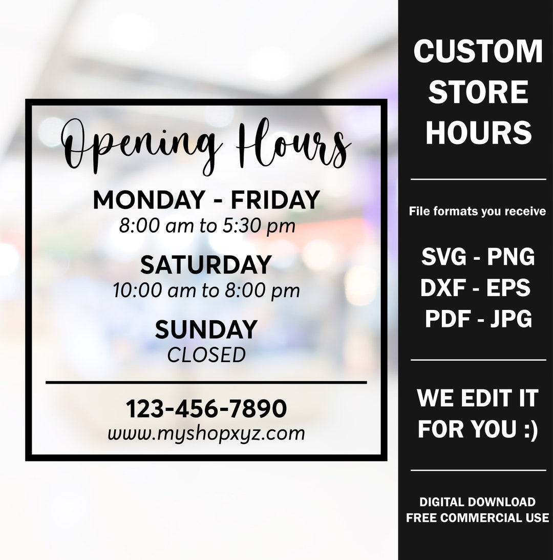 Custom Store Hours SVG | Store Hours Vinyl Decal | Storefront Decal ...