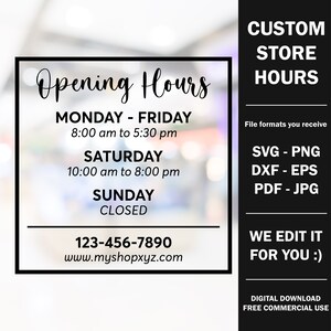 Custom Store Hours SVG | Store Hours Vinyl Decal | Storefront Decal ...