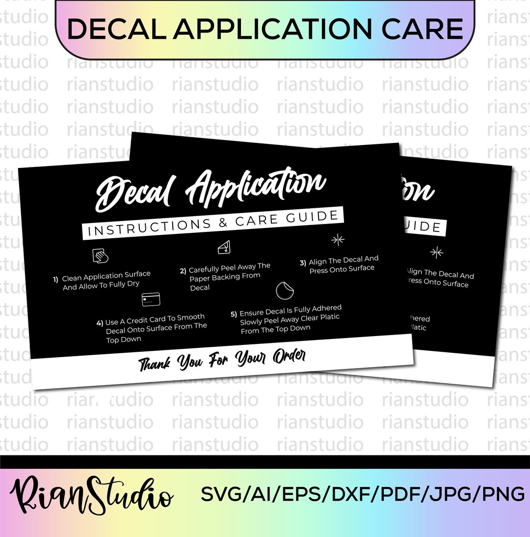 Printable Vinyl Decal Care Card Instructions Decal Application Order ...
