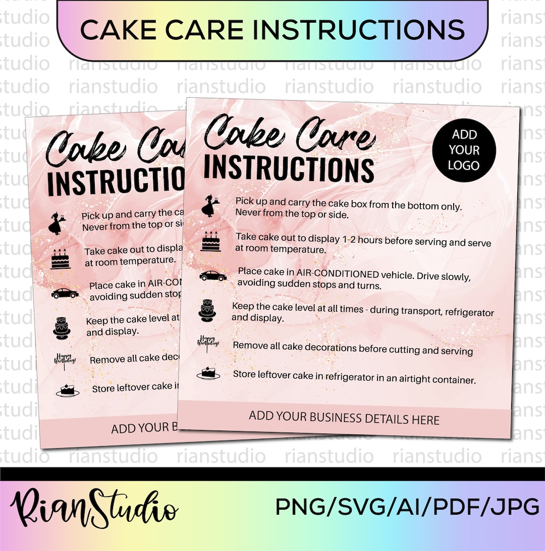 Cake Care Instructions Cake Care Card Printable Cake Care Label Wedding ...