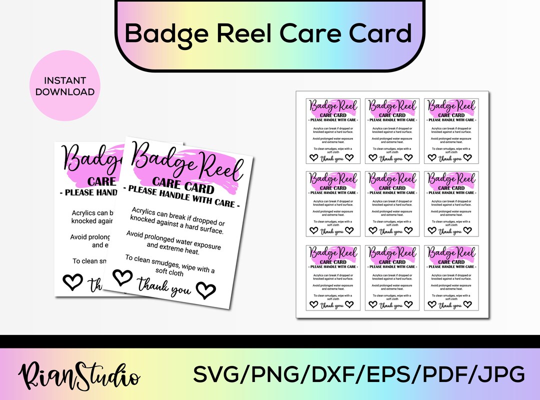 READY TO PRINT Badge Reel Care Card Instruction Badge Reel Cards Small ...